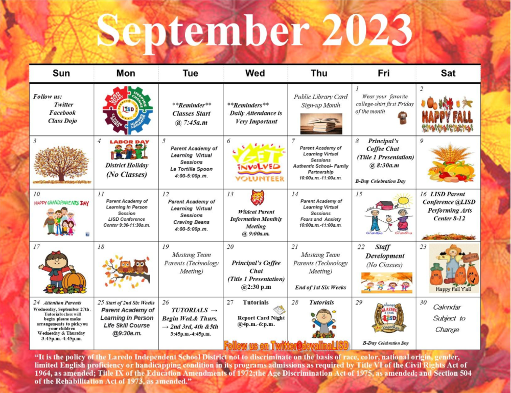 September Calendar | Anita T. Dovalina Elementary School